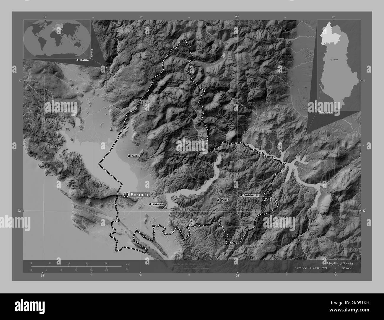 Shkoder, county of Albania. Grayscale elevation map with lakes and rivers. Locations and names ...