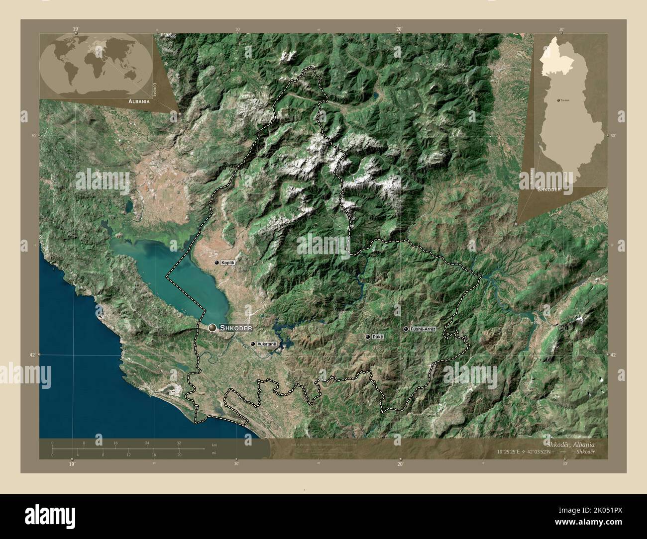 Shkoder, county of Albania. High resolution satellite map. Locations and names of major cities ...