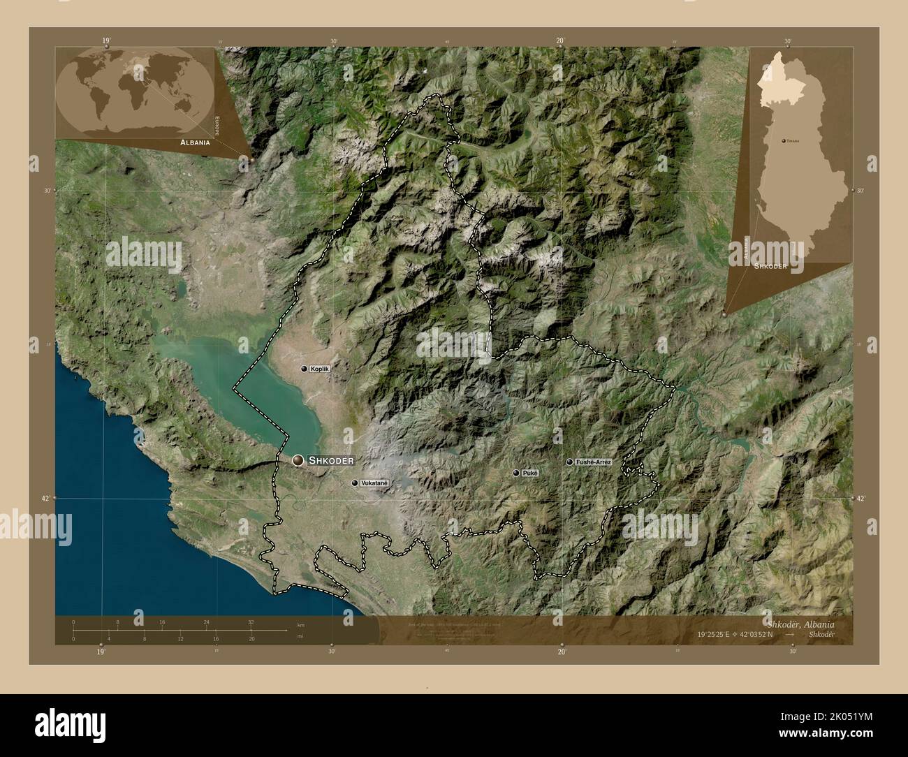 Shkoder, county of Albania. Low resolution satellite map. Locations and names of major cities of ...