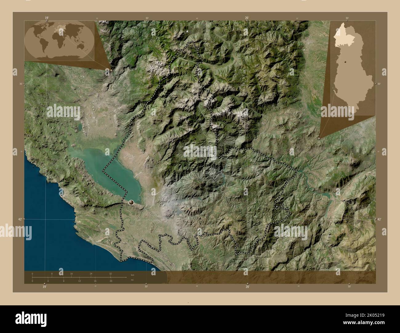 Shkoder, county of Albania. Low resolution satellite map. Corner ...