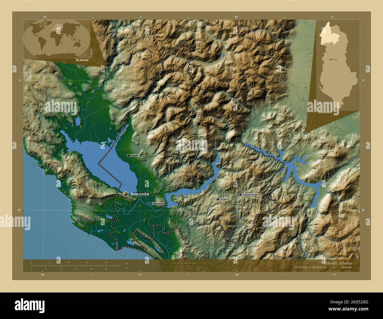 Shkoder, county of Albania. Colored elevation map with lakes and rivers. Locations and names of ...