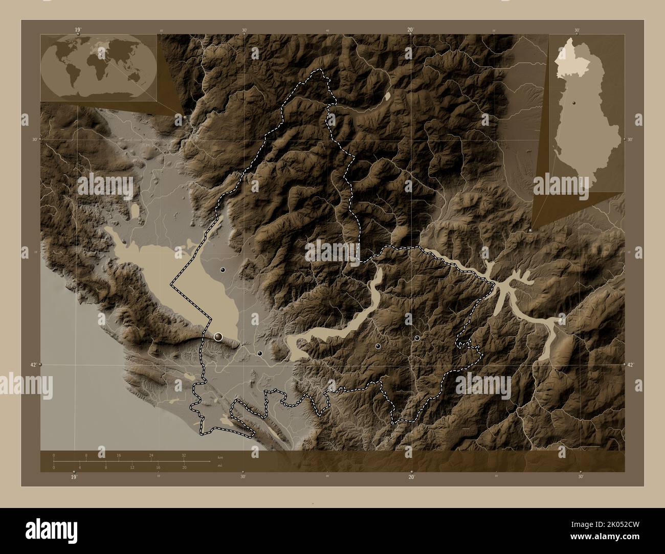 Shkoder, county of Albania. Elevation map colored in sepia tones with ...