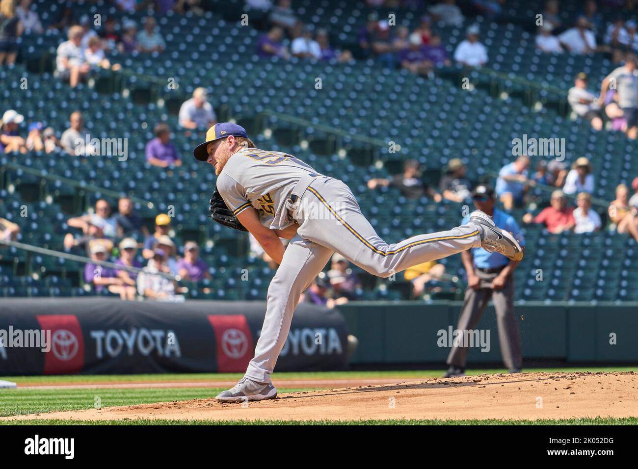Denver CO, USA. 7th Sep, 2022. Milwaukee pitcher Eric Lauer (52) throws ...