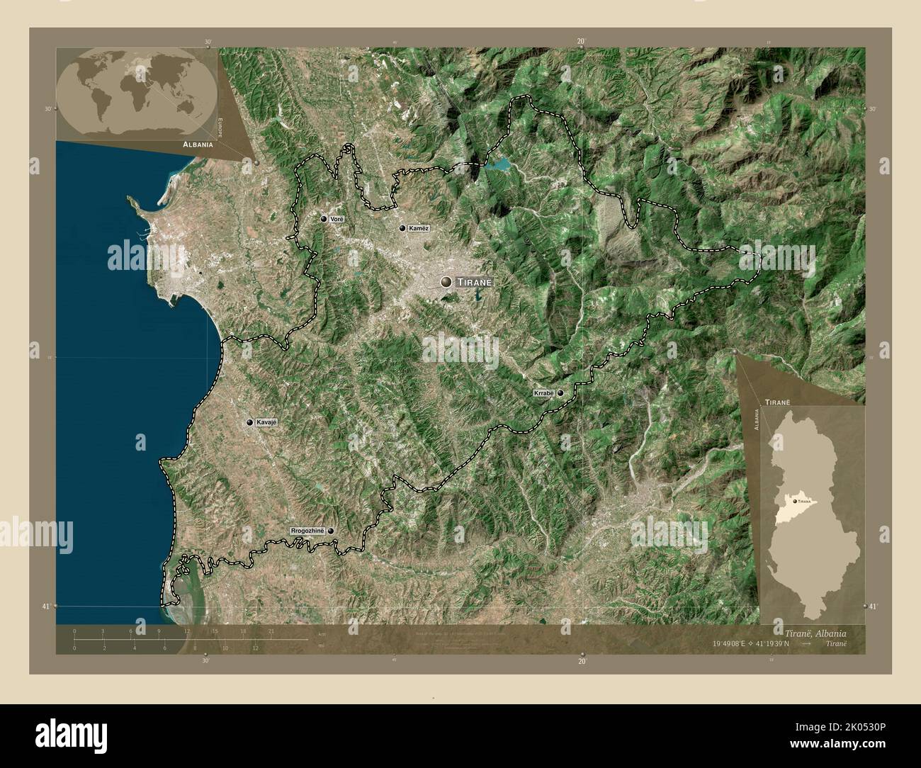 Tirane, county of Albania. High resolution satellite map. Locations and names of major cities of ...