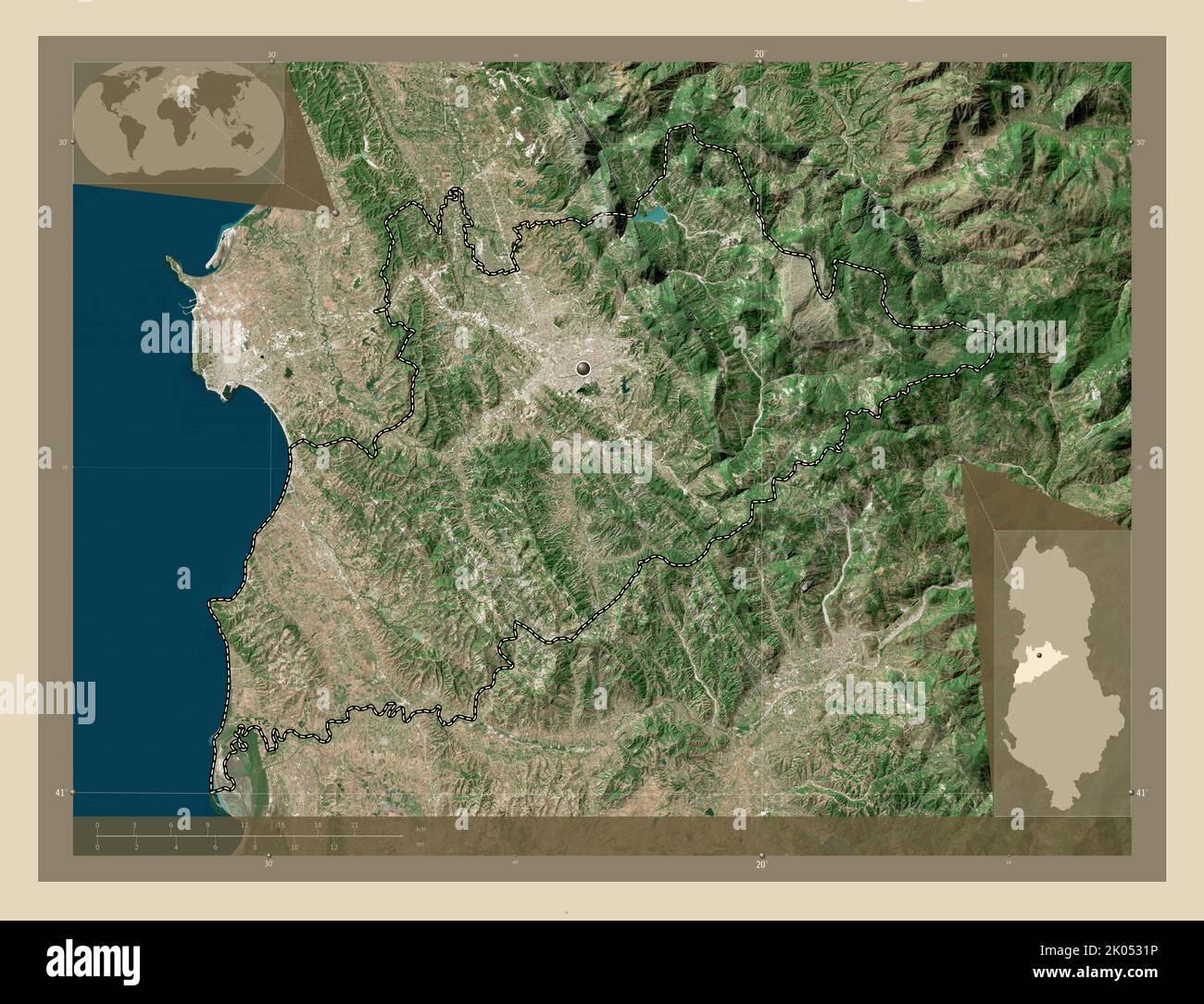 Tirane, county of Albania. High resolution satellite map. Corner ...