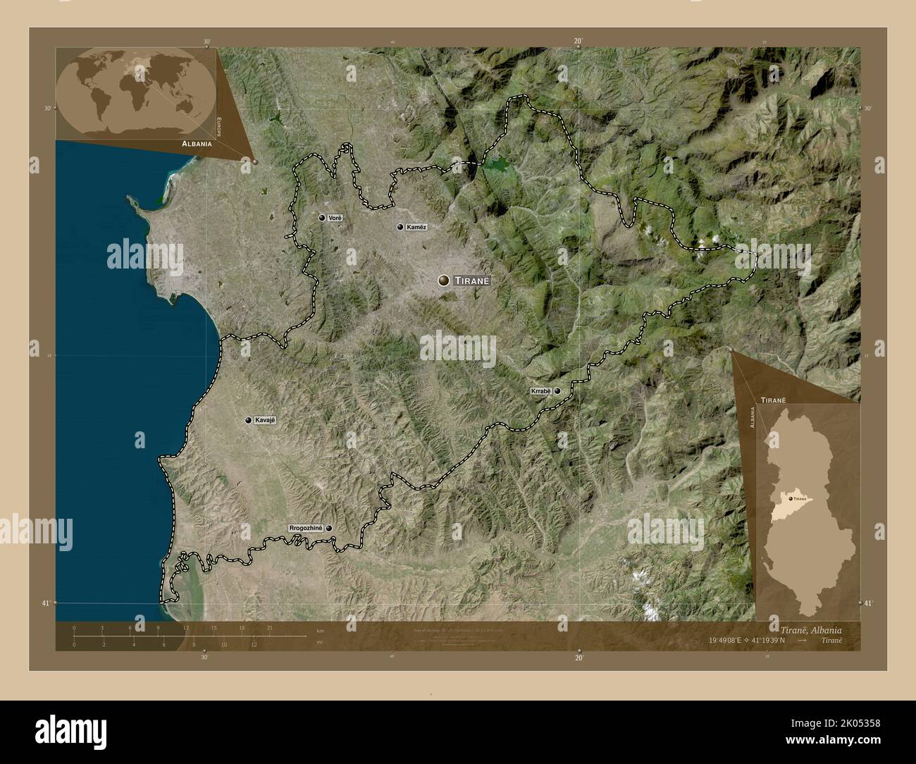 Tirane, county of Albania. Low resolution satellite map. Locations and names of major cities of ...