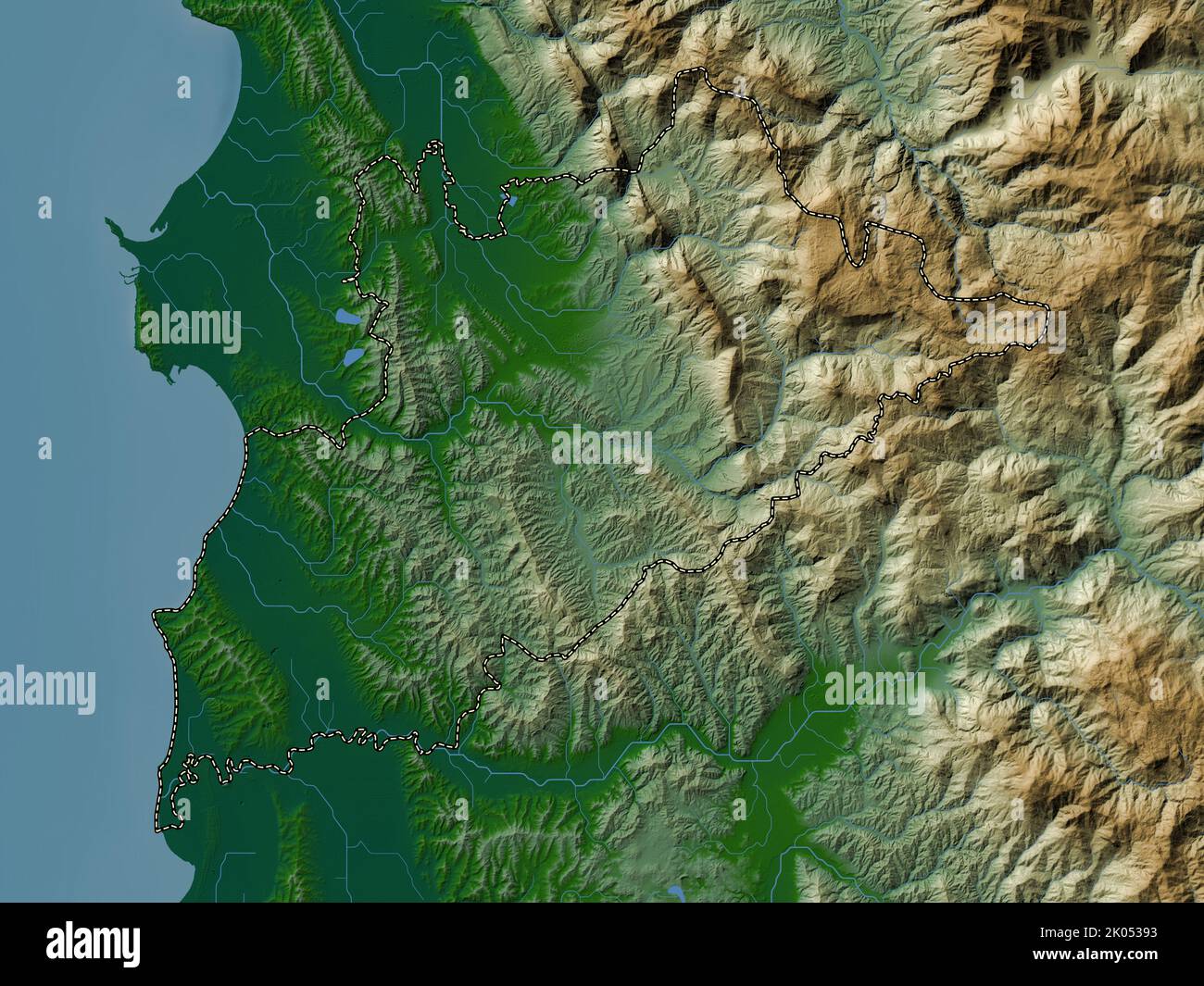 Tirane, county of Albania. Colored elevation map with lakes and rivers ...