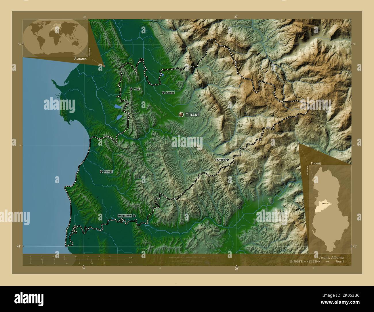 Tirane, county of Albania. Colored elevation map with lakes and rivers ...