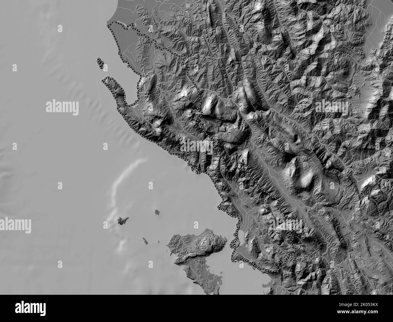 Vlore, county of Albania. Bilevel elevation map with lakes and rivers ...