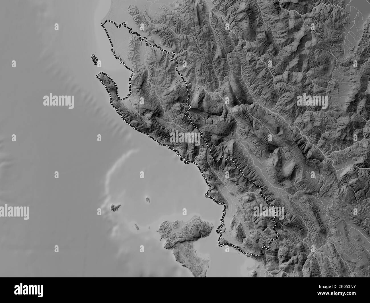 Vlore, county of Albania. Grayscale elevation map with lakes and rivers ...