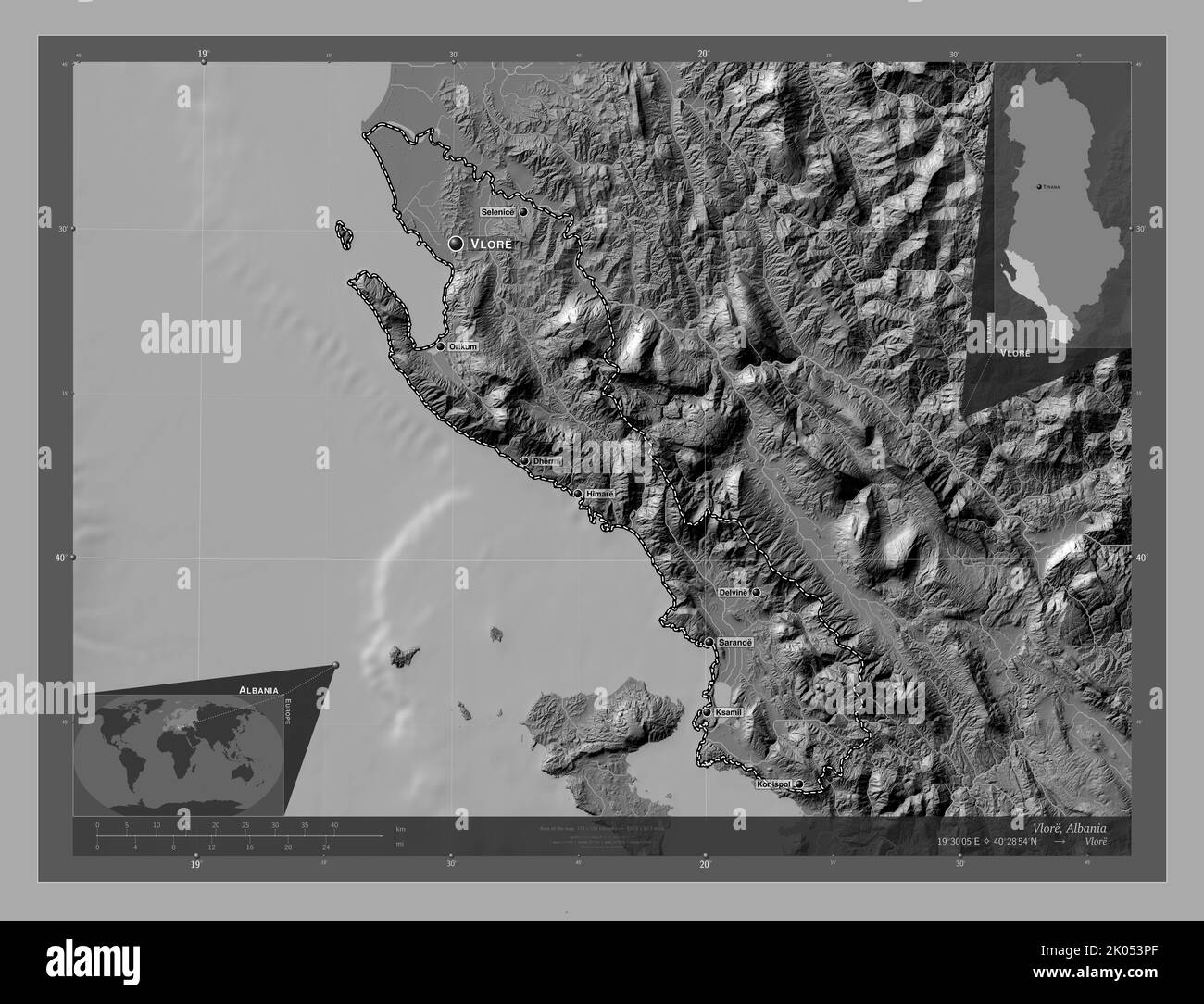 Vlore, county of Albania. Bilevel elevation map with lakes and rivers ...