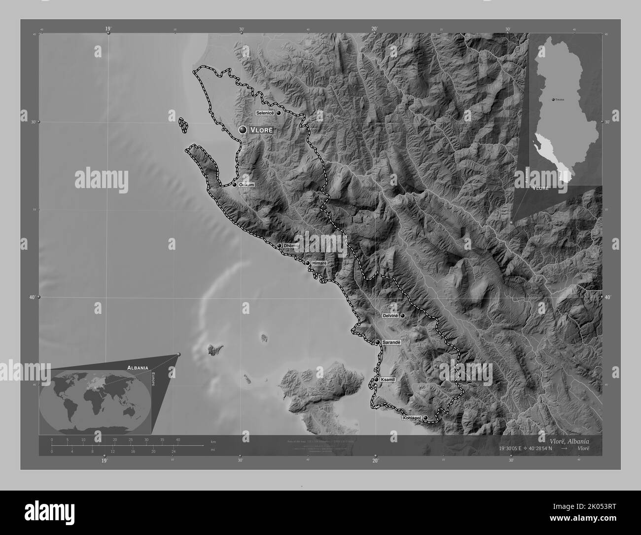 Vlore, county of Albania. Grayscale elevation map with lakes and rivers. Locations and names of ...