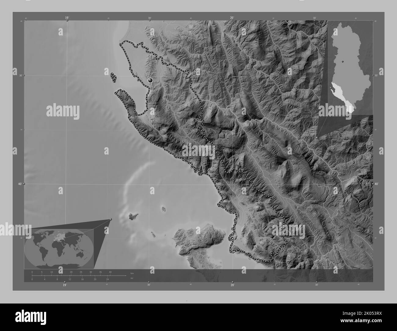 Vlore, county of Albania. Grayscale elevation map with lakes and rivers ...
