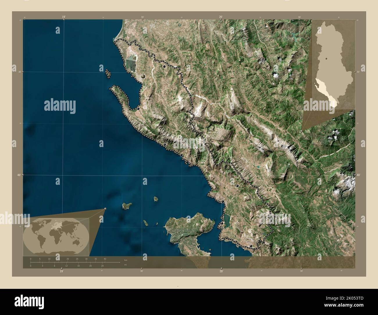Vlore, county of Albania. High resolution satellite map. Locations of ...