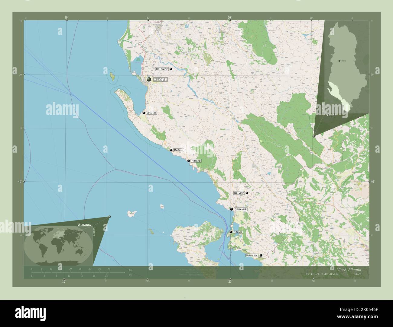 Vlore, county of Albania. Open Street Map. Locations and names of major ...