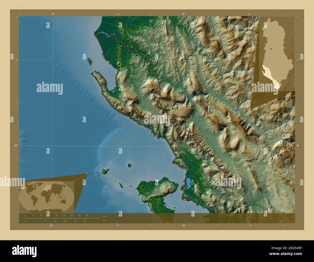 Vlore, county of Albania. Colored elevation map with lakes and rivers ...