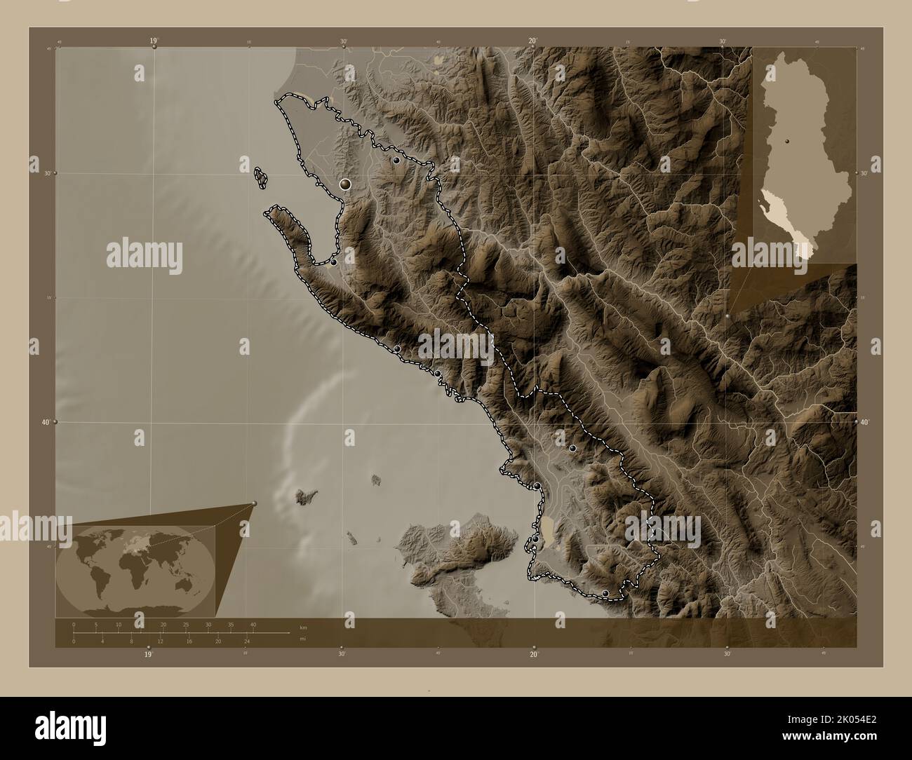 Vlore, county of Albania. Elevation map colored in sepia tones with ...