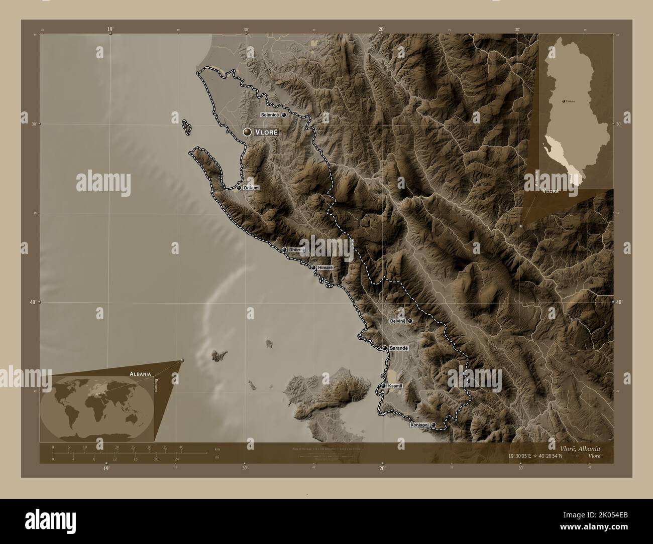 Vlore, county of Albania. Elevation map colored in sepia tones with ...