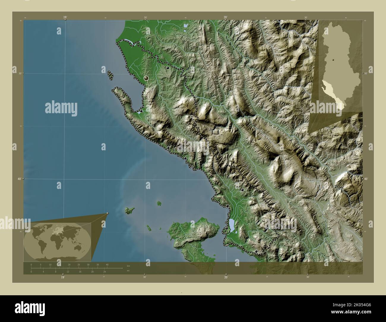 Vlore, county of Albania. Elevation map colored in wiki style with ...