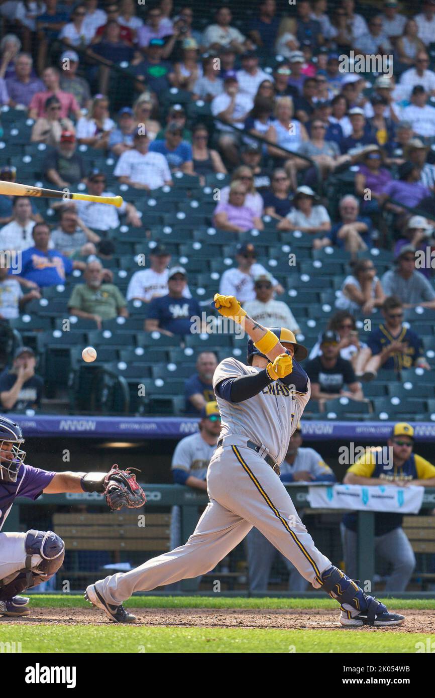 Denver CO, USA. 7th Sep, 2022. Milwaukee catcher Victor Caratini (7 ...
