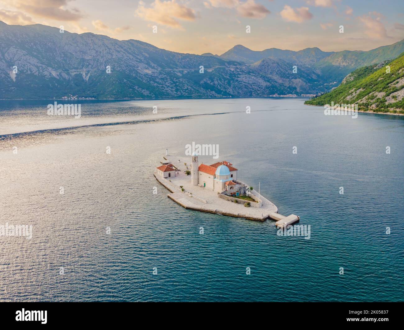 Picturesque island st. George and temple Gospa od Skrpela. Drone view ...