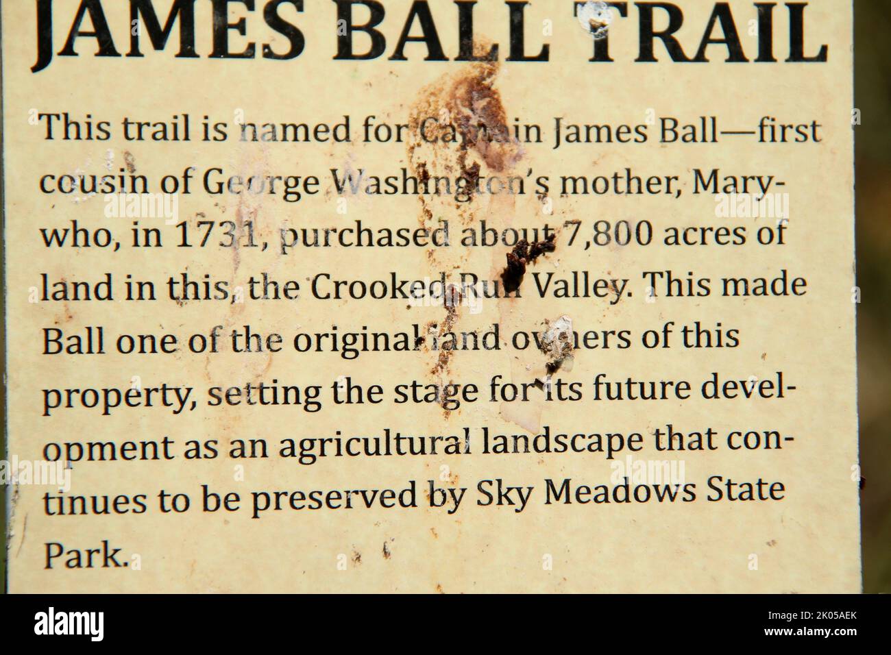 Informational sign along a trail at Sky Meadows State Park, VA, USA ...