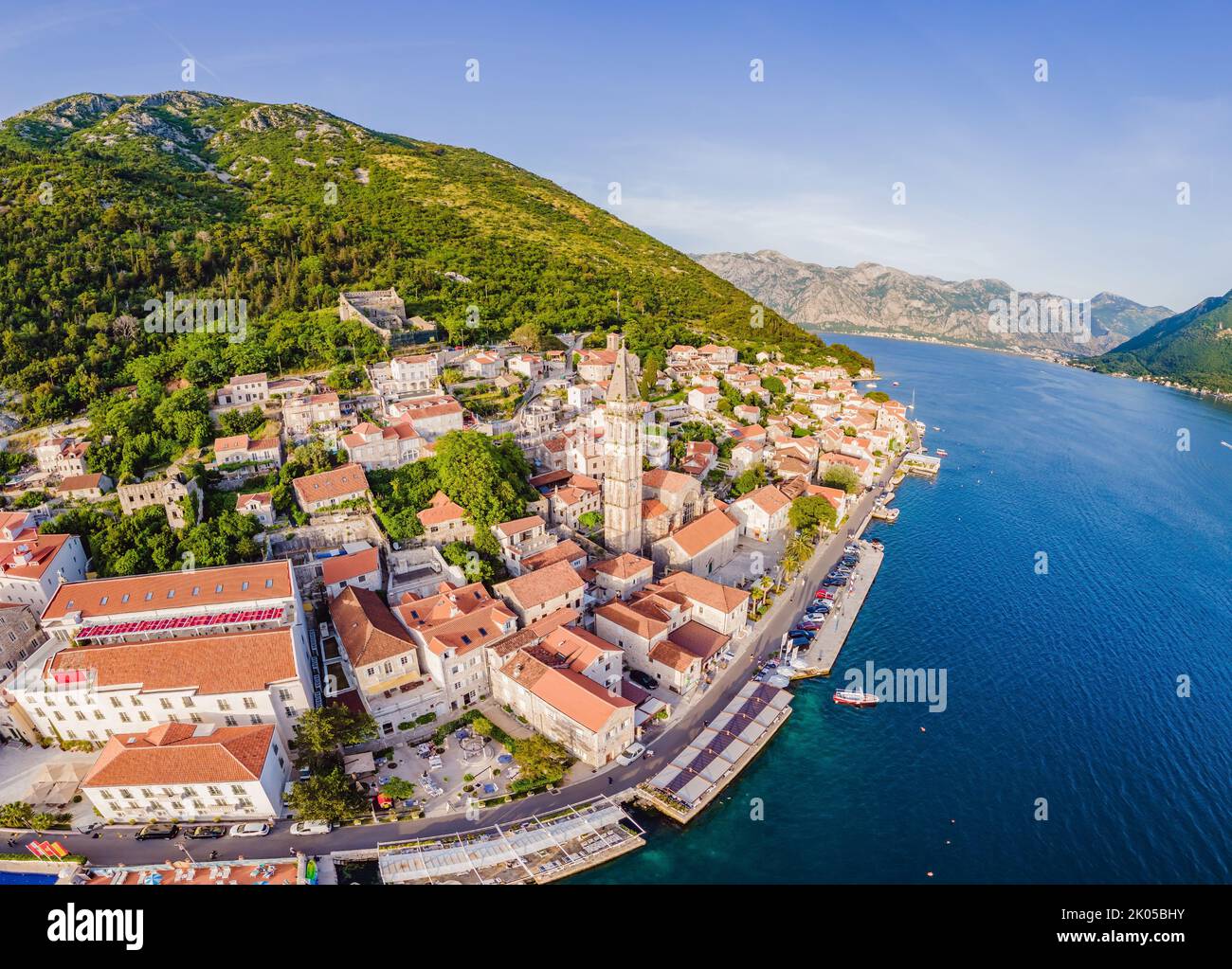 Scenic panorama view of the historic town of Perast at famous Bay of ...
