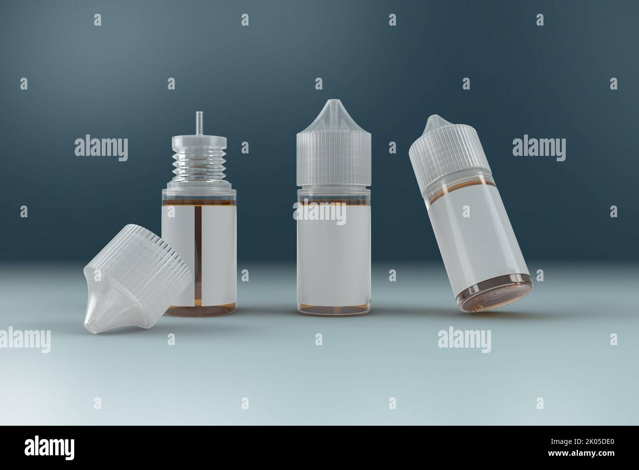 3D Render of 30 ml Bottles e juice Vape Liquid in a blue studio setting ...