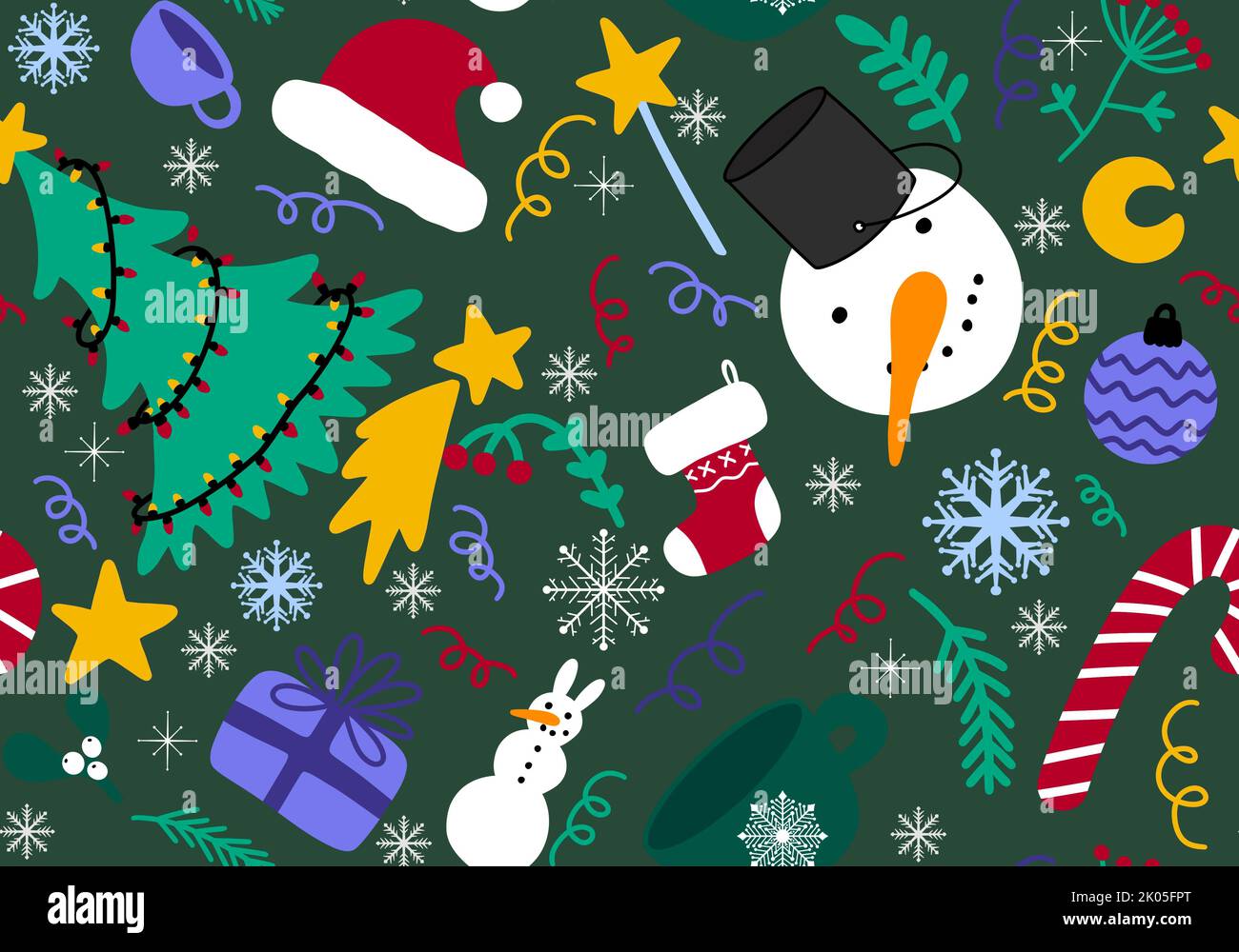 Cartoon doodle seamless Christmas tree and snowman and Santa hat and ...