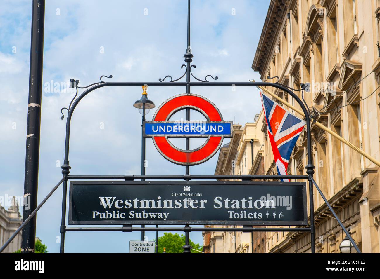 London Underground Westminster Station entrance sign on Parliament ...