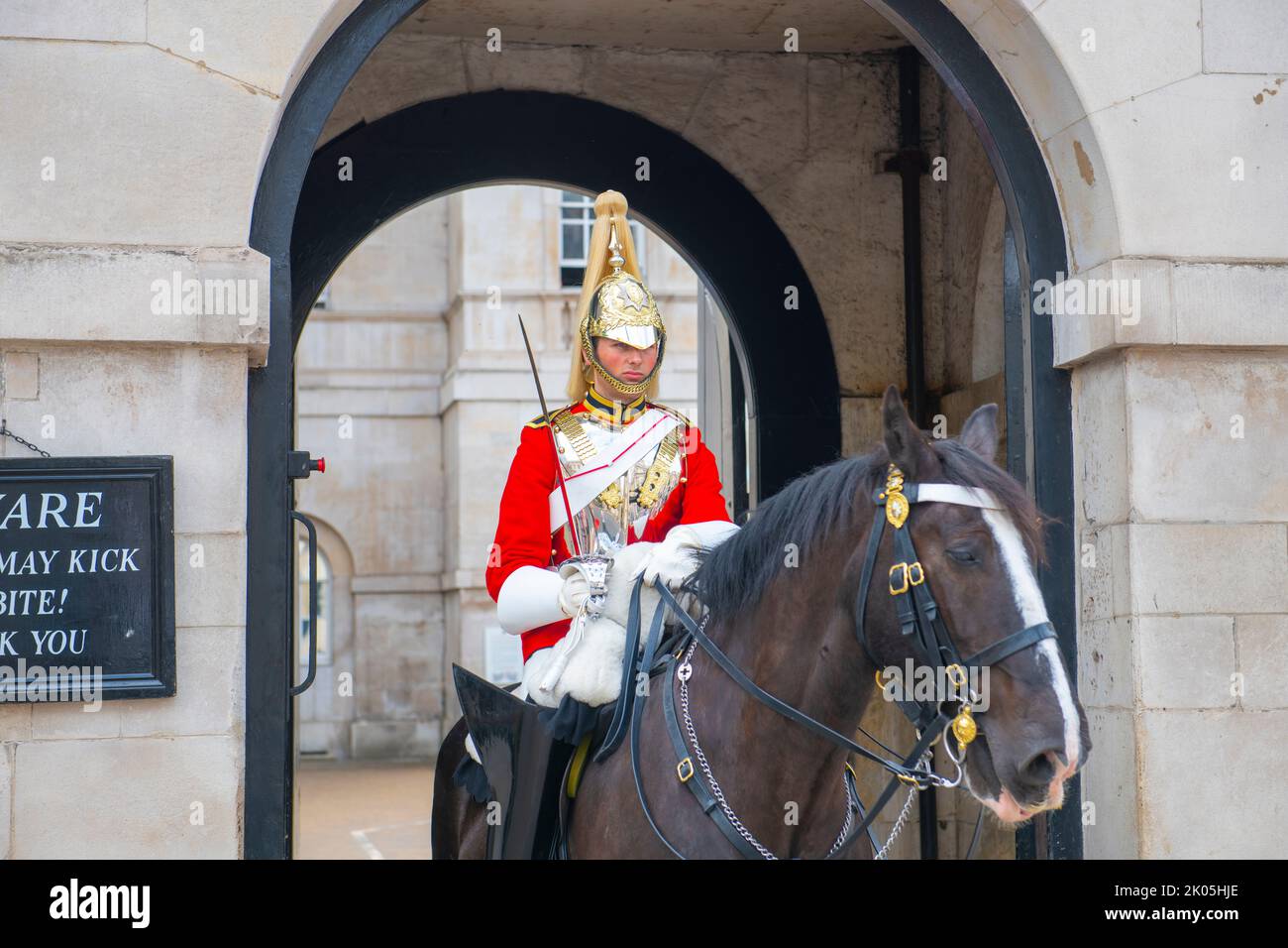 A mounted trooper of the Life Guards on duty at Horse Guards building ...