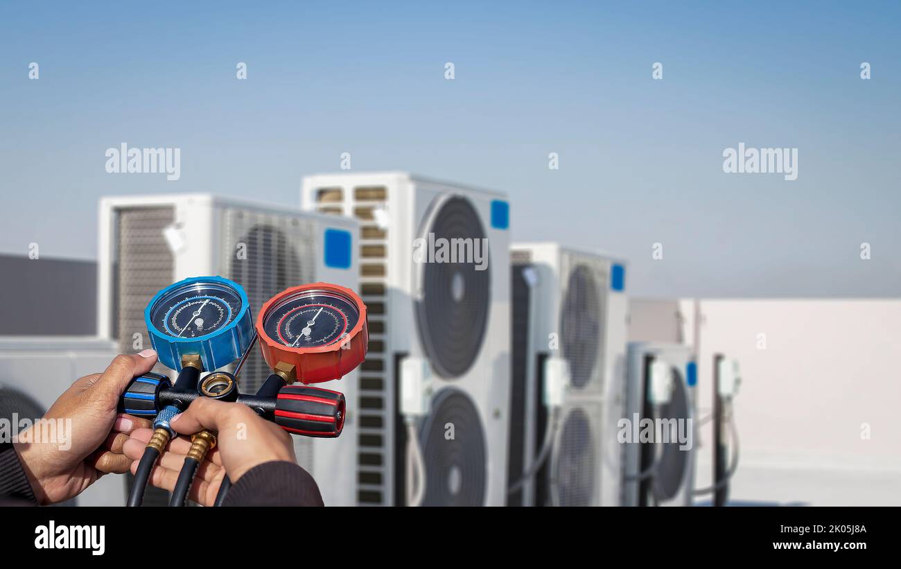 air conditioner check service, leak detection, fill refrigerant Stock ...