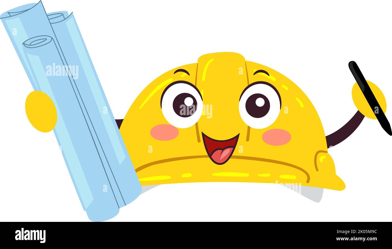 Illustration Of Mascot Yellow Construction Hard Hat Holding Blue Prints