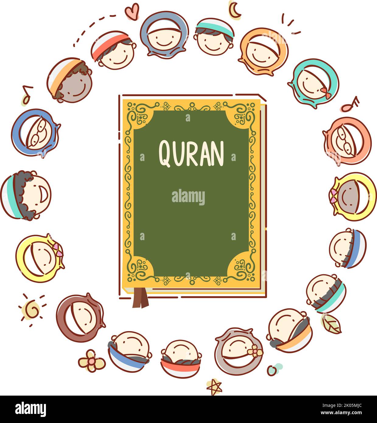 Illustration of Muslim Stickman Kids Head Around Big Quran Book Stock ...