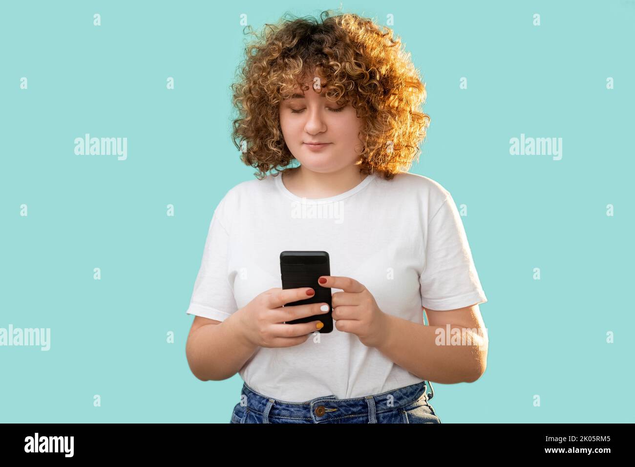 gadget people phone communication overweight woman Stock Photo - Alamy
