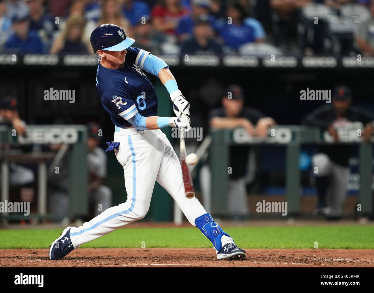 SEP 09, 2022: Kansas City Royals right fielder Drew Waters (6) drives a pitch at Kauffman ...