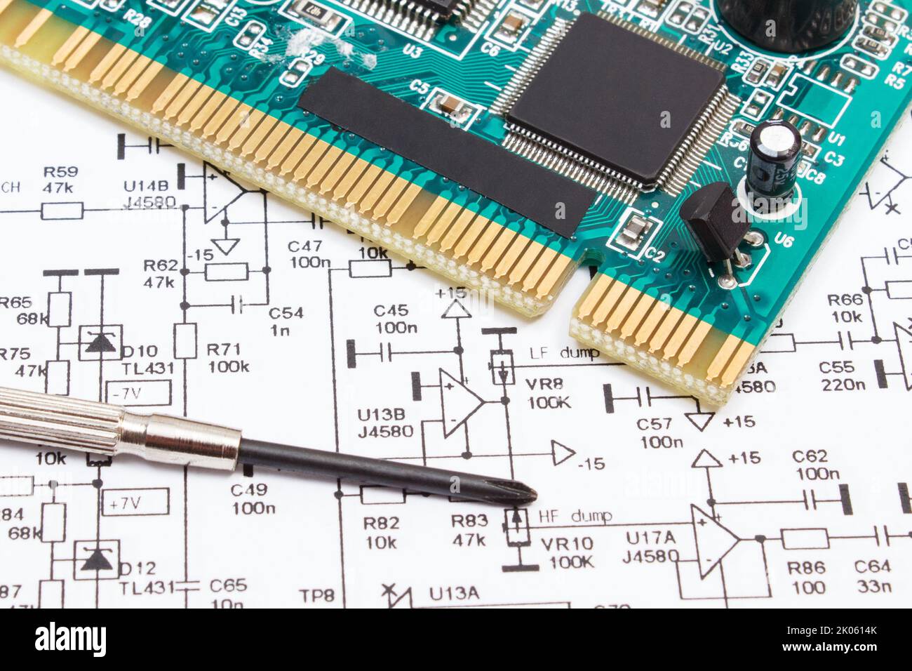 Printed circuit board with transistors, resistors, capacitor. Precision ...