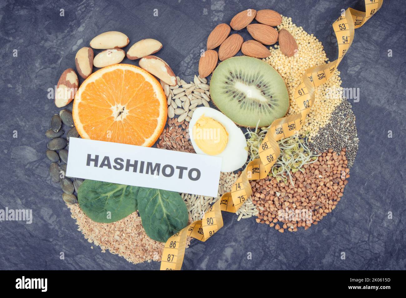 Inscription hashimoto with nutritious natural ingredients, fruits and ...