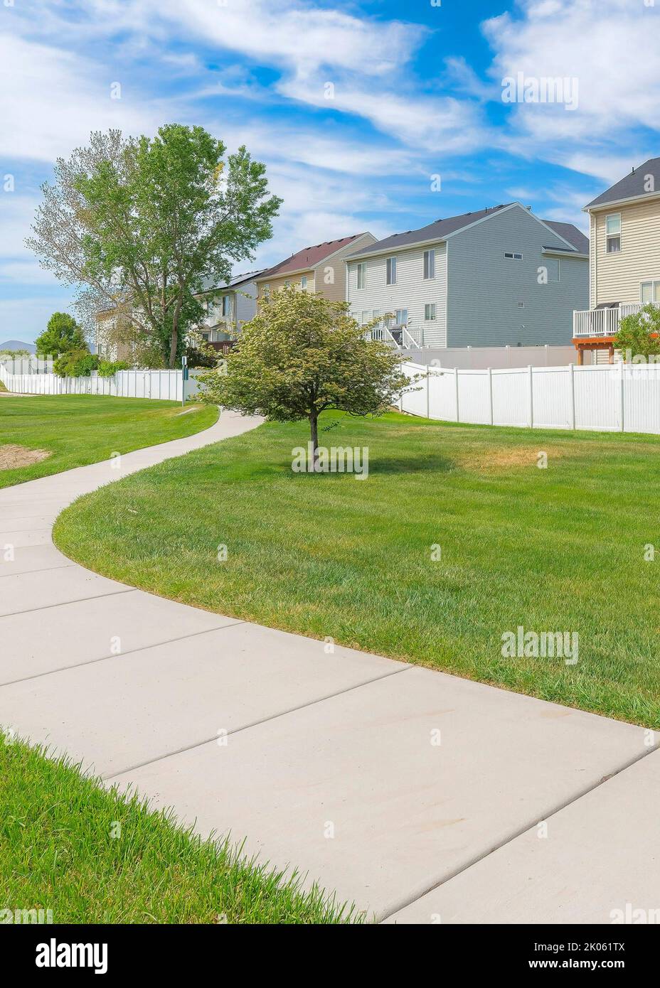Vertical Whispy white clouds Concrete pathway in the middle of a green ...