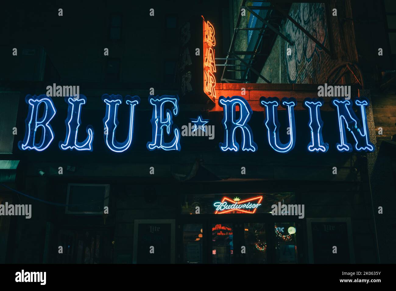 Blue Ruin Bar neon sign at night, Manhattan, New York Stock Photo - Alamy