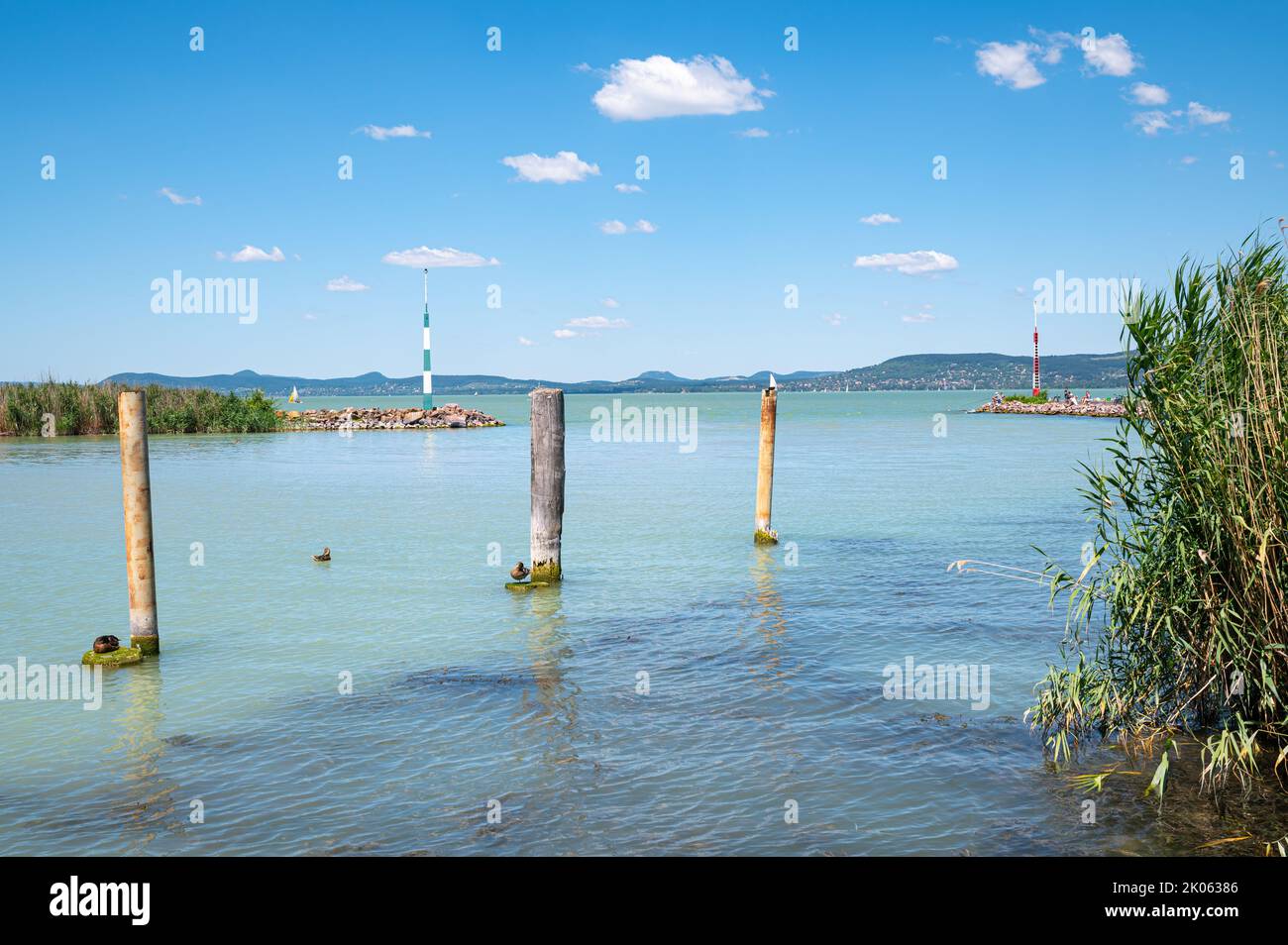 Scenic view of mooring posts in the port of Balatonlelle on Lake Balaton in Hungary Stock Photo ...