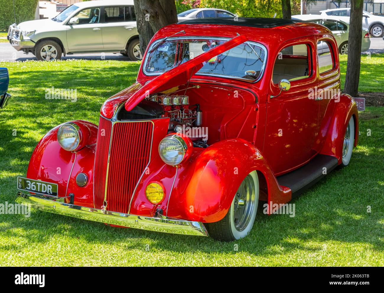1936 two door ford v8 in red at car show in glen innes in new south ...