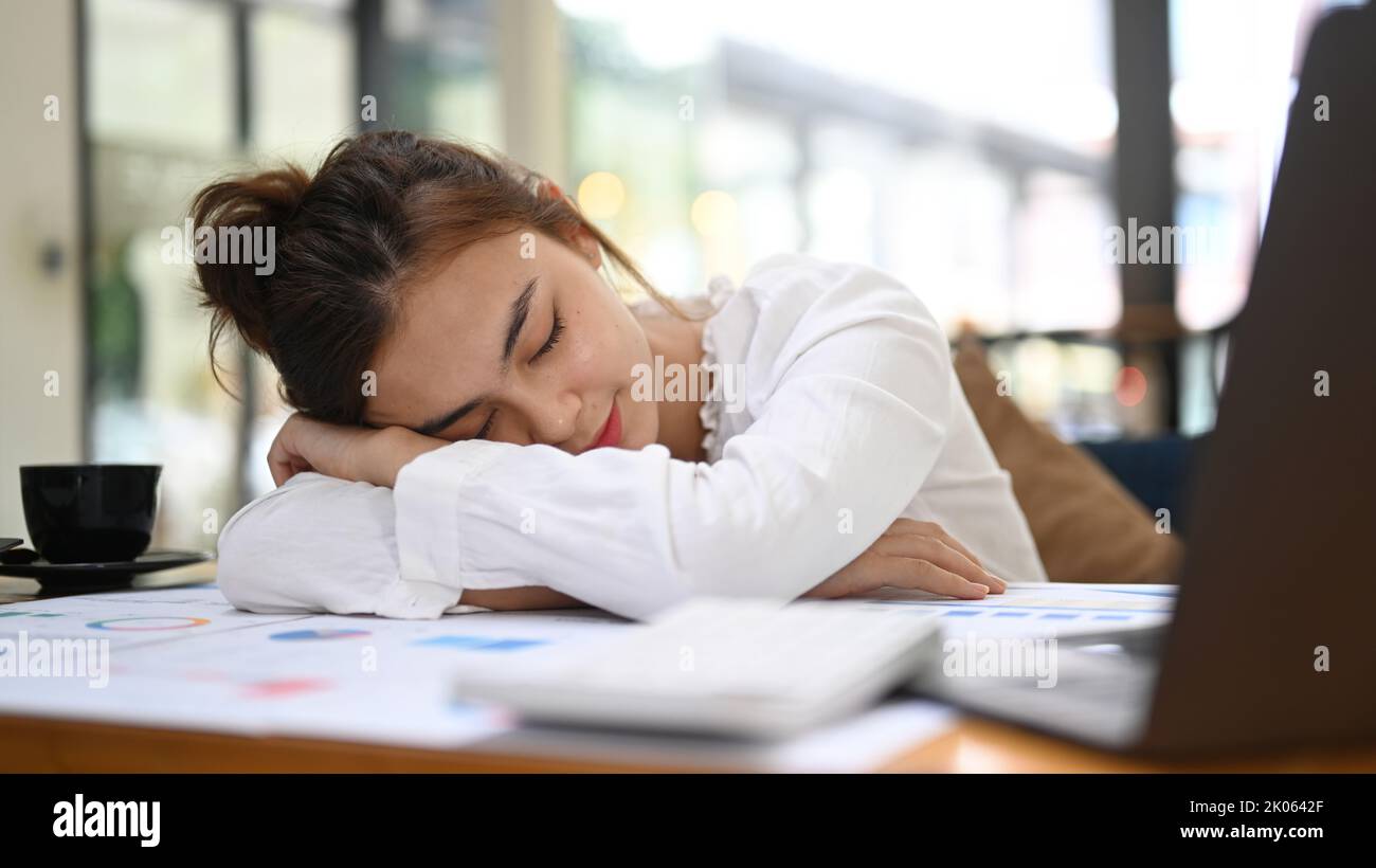 Woman office employee tired from work, does not have inspiration for ...