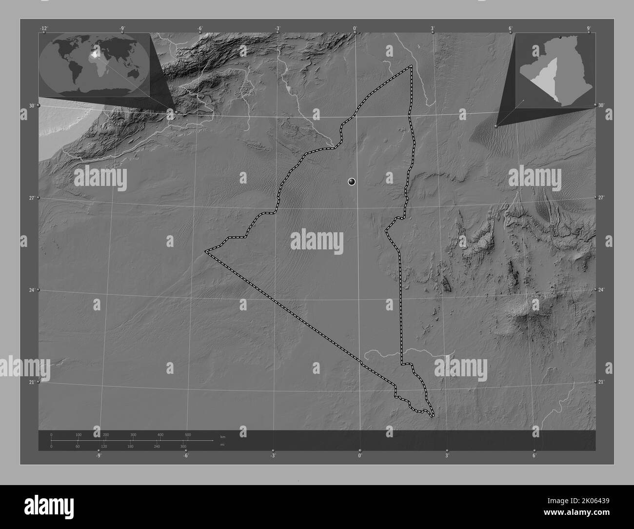 Adrar, province of Algeria. Bilevel elevation map with lakes and rivers ...