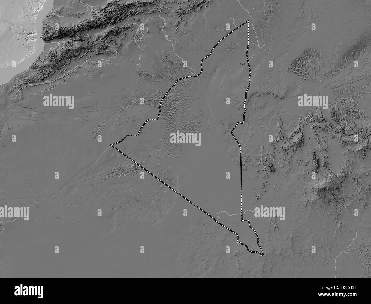 Adrar, province of Algeria. Bilevel elevation map with lakes and rivers ...