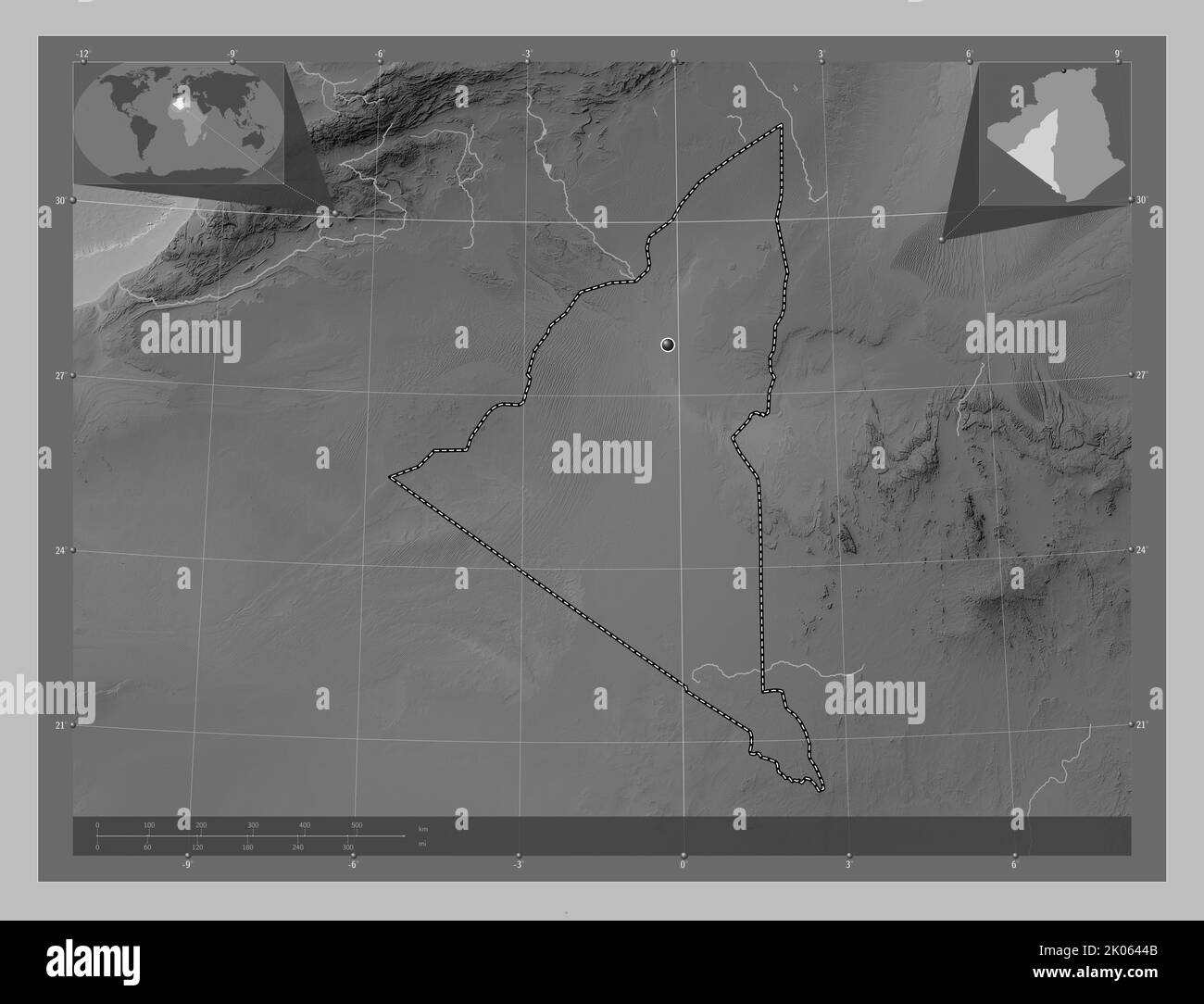Adrar, province of Algeria. Grayscale elevation map with lakes and ...