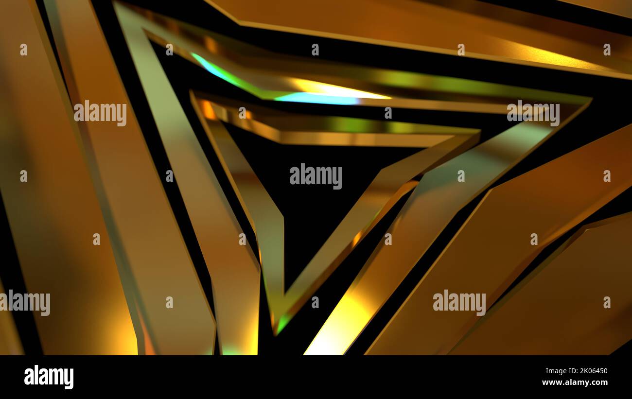 3D rendering of distorted, golden triangles with bullseye pattern in dark environment; a form of ...