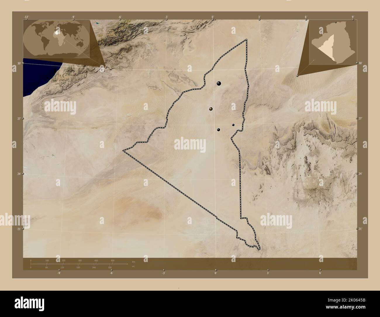 Adrar, province of Algeria. Low resolution satellite map. Locations of ...