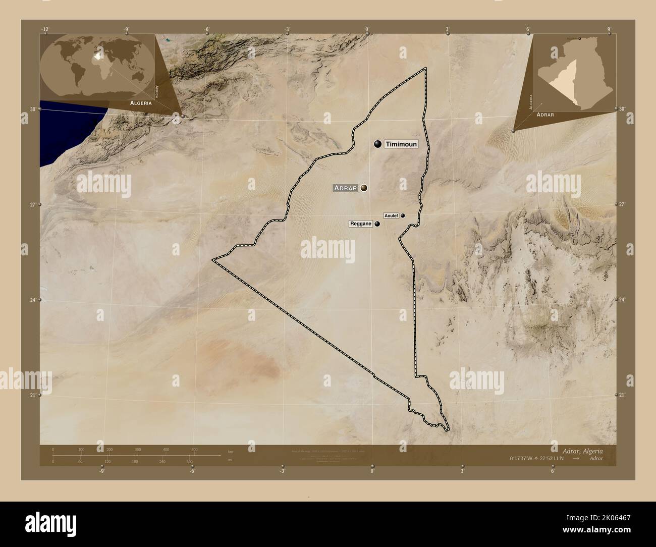 Adrar, province of Algeria. Low resolution satellite map. Locations and ...