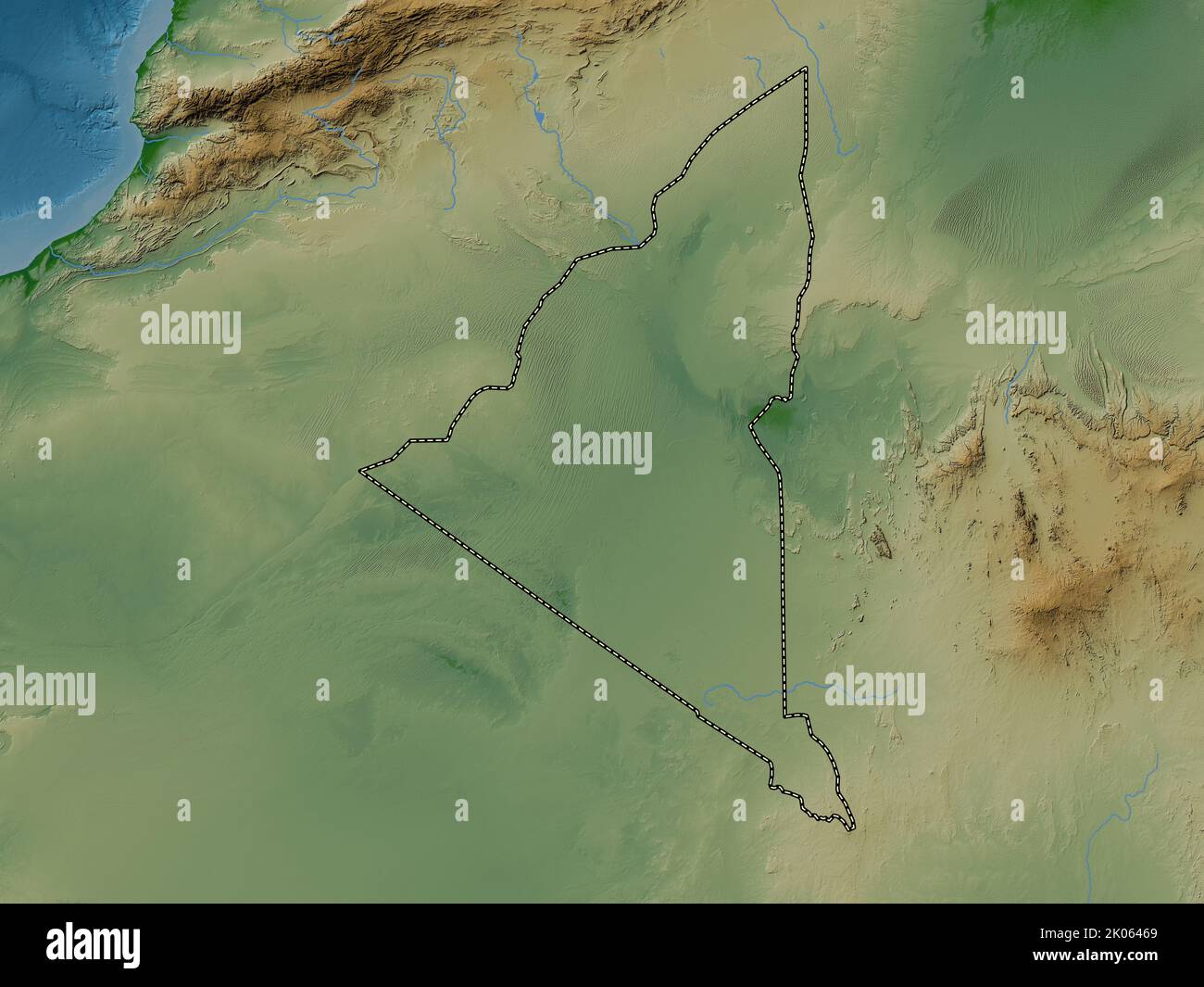 Adrar, province of Algeria. Colored elevation map with lakes and rivers ...